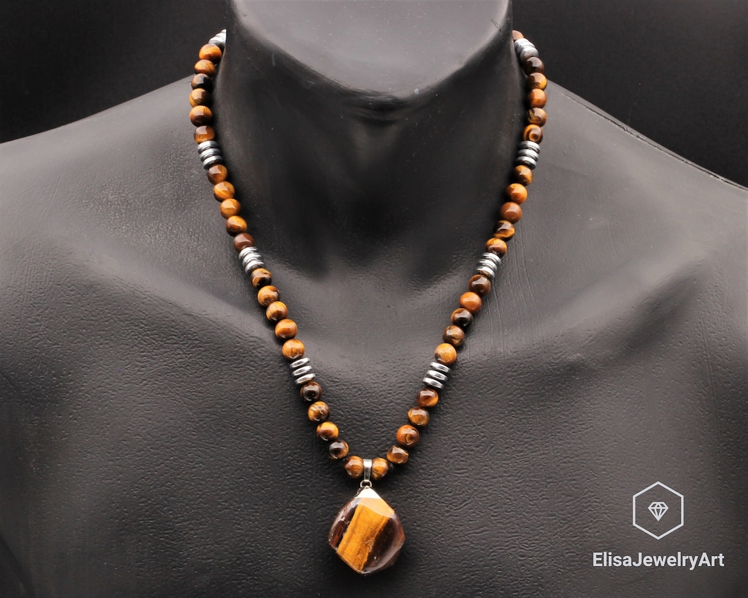 Men's Protection Necklace Natural Raw Tiger Eye Beads Necklace Beaded ...