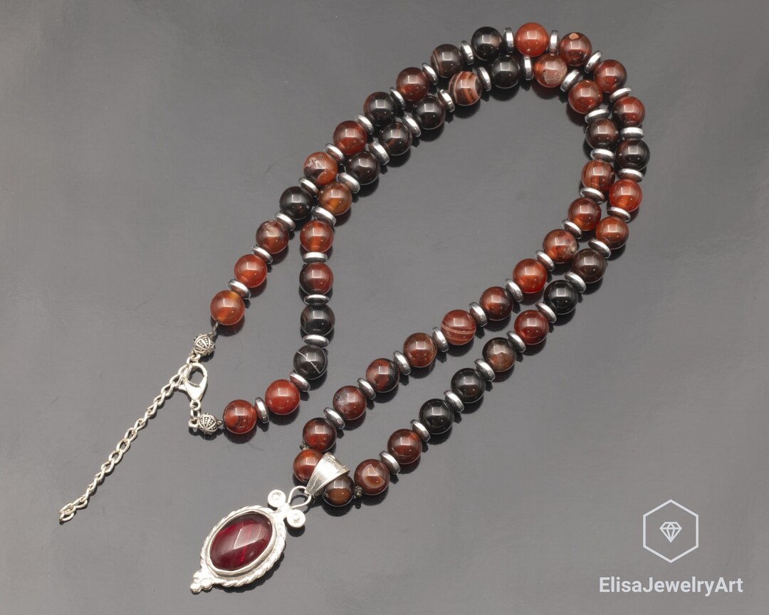 Natural Red Carnelian Silver Pendant, Carnelian Beaded 925 Sterling ...