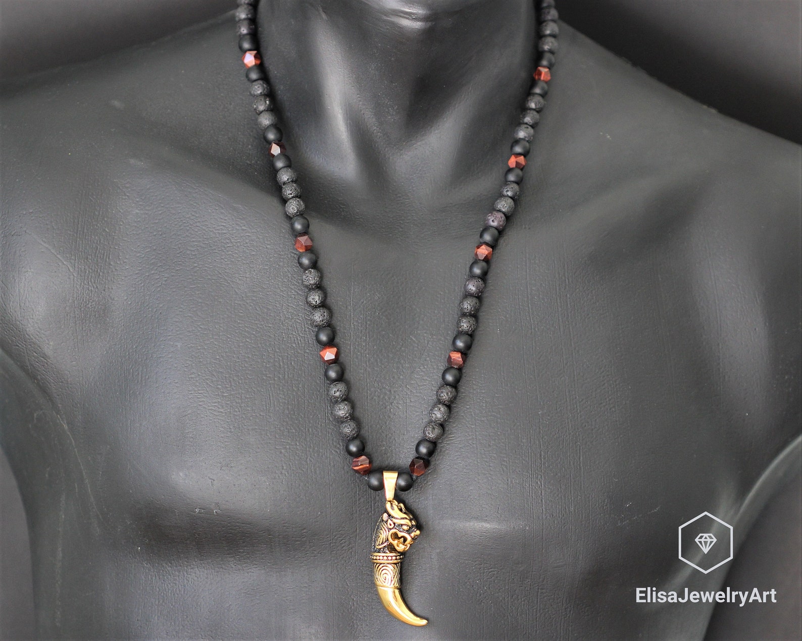 Tiger Tooth Necklace Men's Natural Red Tiger Eye Beads - Etsy