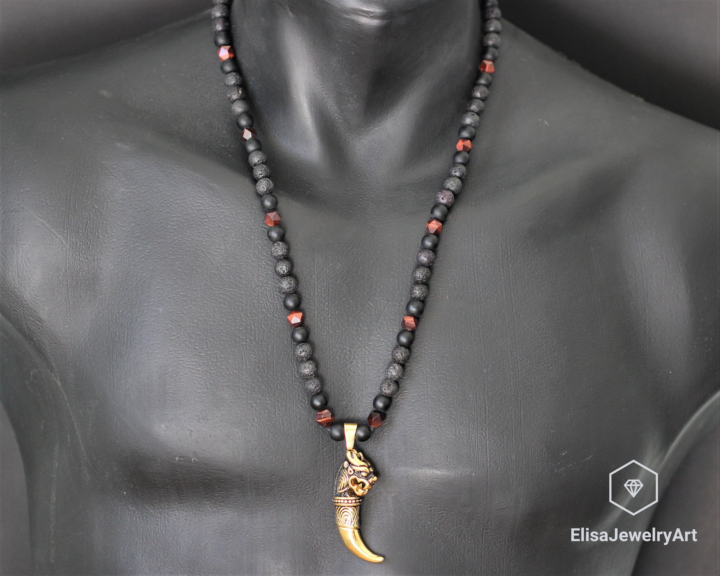 Tiger Tooth Necklace Men's Natural Red Tiger Eye Beads - Etsy
