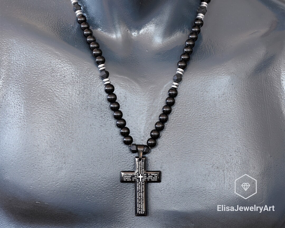 Cross Necklace Natural Matte Black Onyx & Black Onyx Beaded Necklace ...