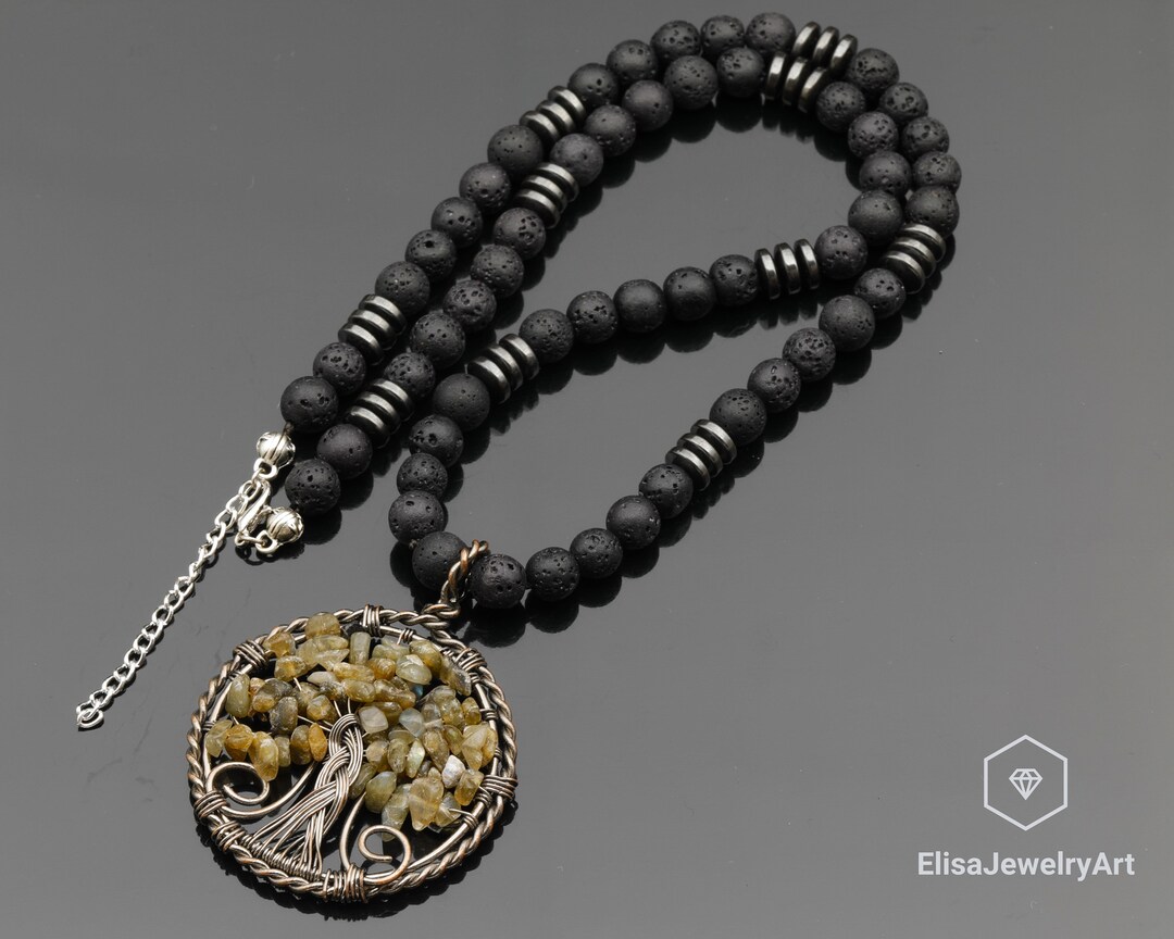 Natural Big Tree of Life Labradorite Pendant Black Lava Hematite Beaded ...