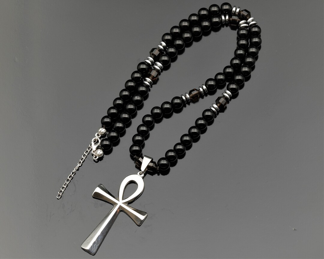 925 Sterling Silver Ankh Cross Natural Black Onyx Smoky Quartz Beaded ...