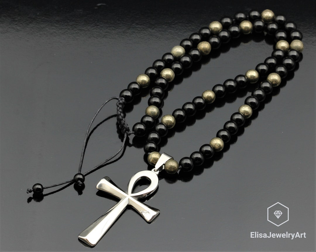 Strong Protection Natural Pyrite & Black Onyx Beads Big Ankh Cross ...