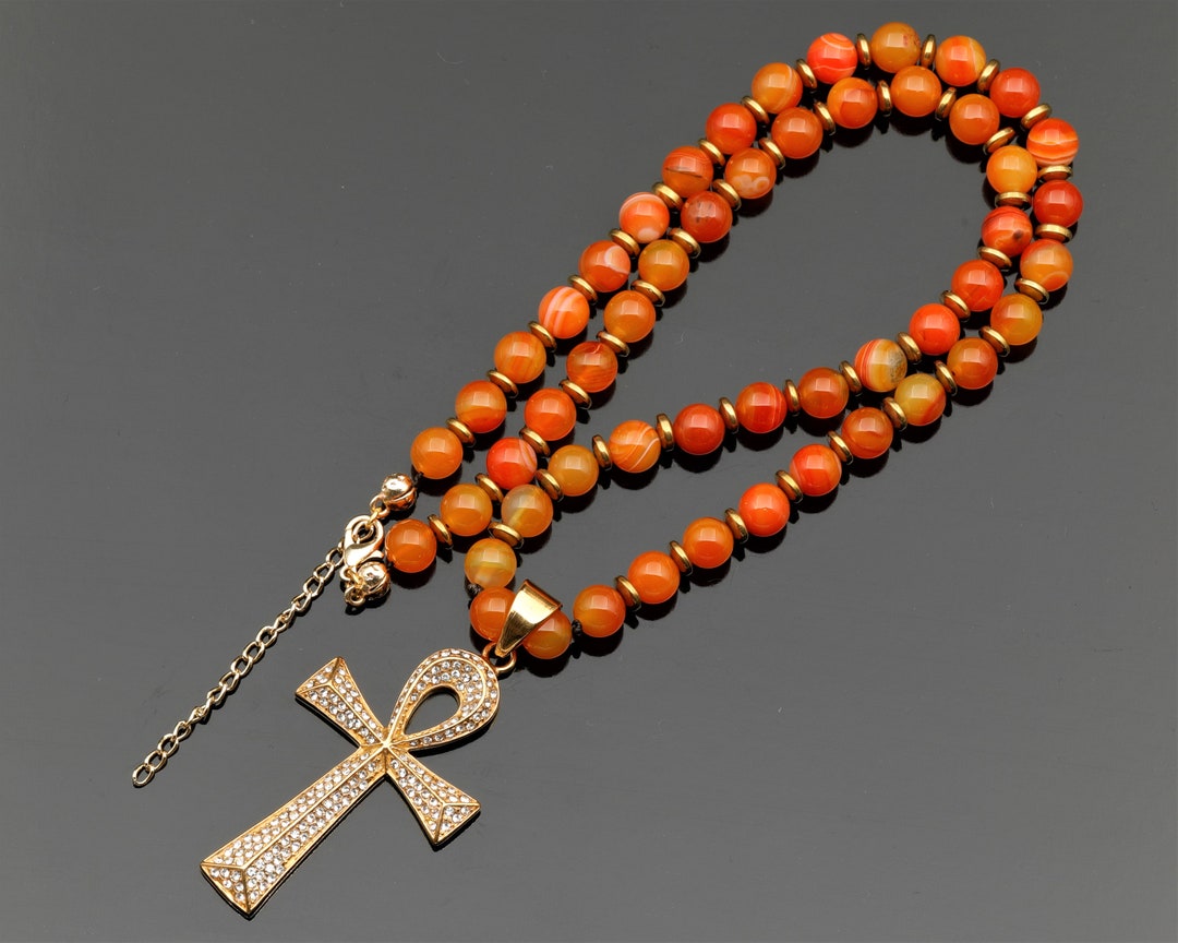 Necklace Zirconia Ankh Cross Pendant Natural Orange Agate Beaded Safety ...
