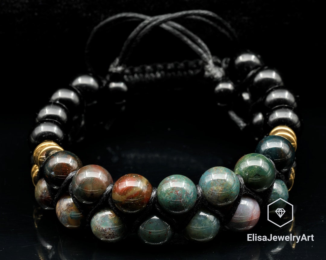 Natural Bloodstone Black Onyx Beaded Vitality Bracelet Macrame ...