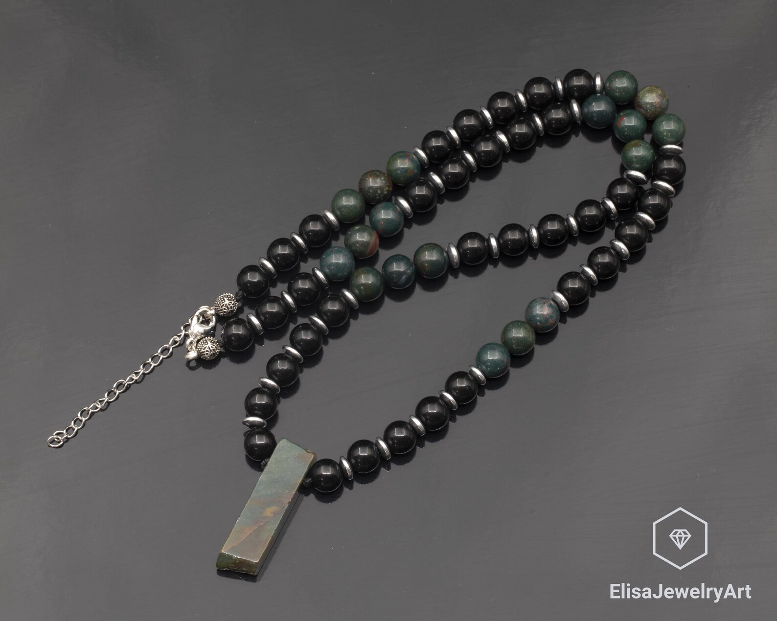 Natural Bloodstone Pendant, Black Onyx & Bloodstone Beaded Necklace ...