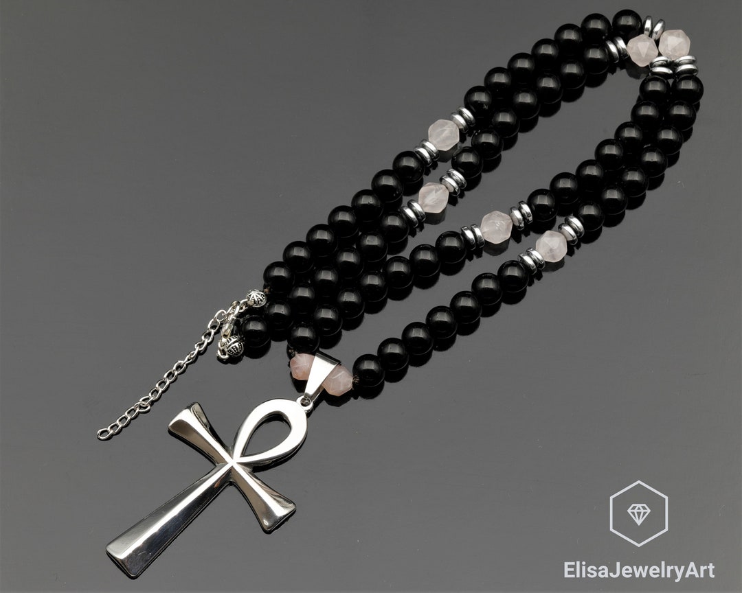 Ankh Cross Necklace Natural Rose Quartz & Black Onyx Beaded Necklace ...