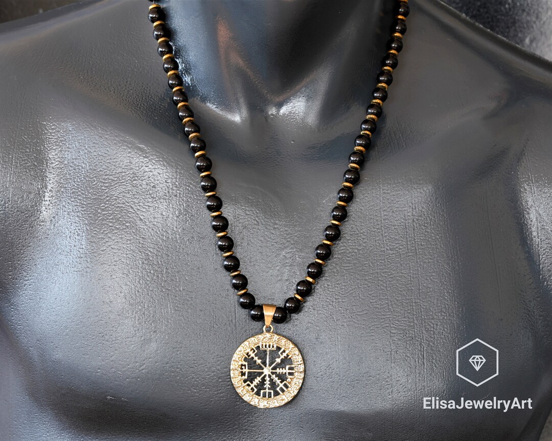 Viking Compass Coin Pendant Necklace Pendant Black Onyx Hematite Beaded ...