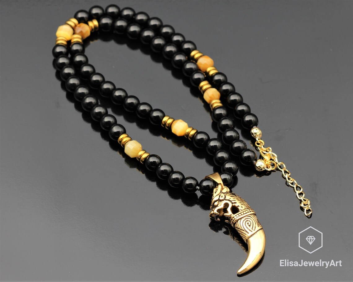 Tiger Tooth Necklace Men's Natural Gold Tiger Eye Black - Etsy
