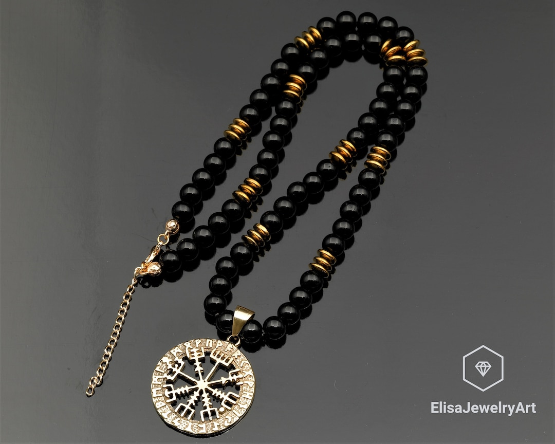 Viking Compass Necklace Natural Black Onyx Hematite Beaded Birthstone ...