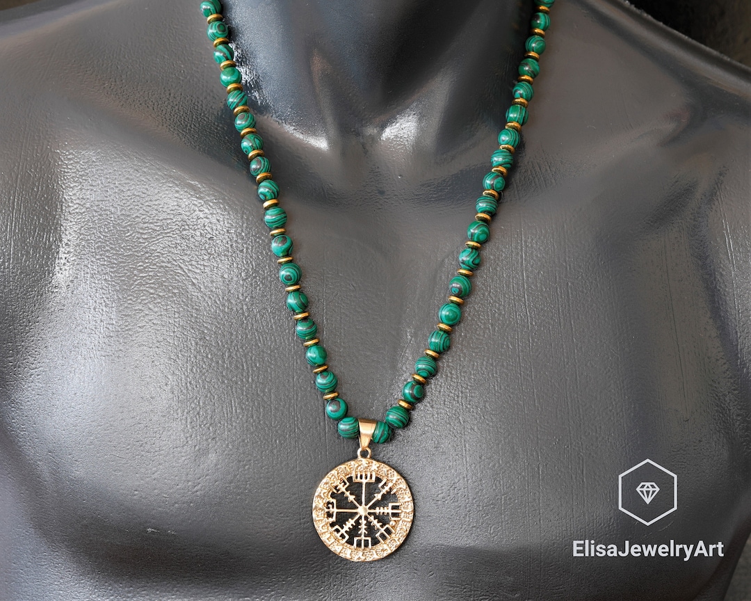 Viking Compass Coin Pendant Natural Malachite Beads Bohemian Necklace ...
