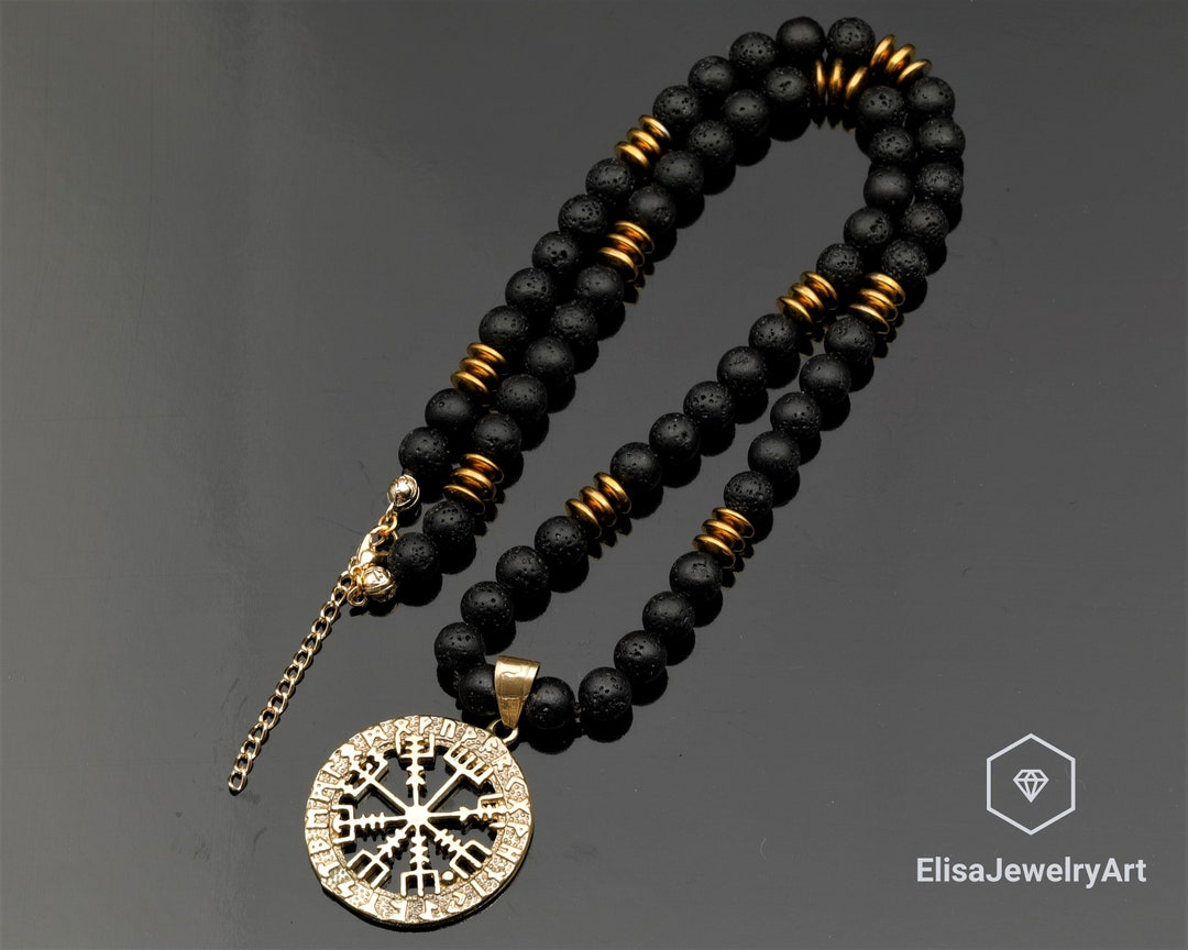 Viking Compass Necklace Natural Black Lava Hematite Beaded Birthstone ...