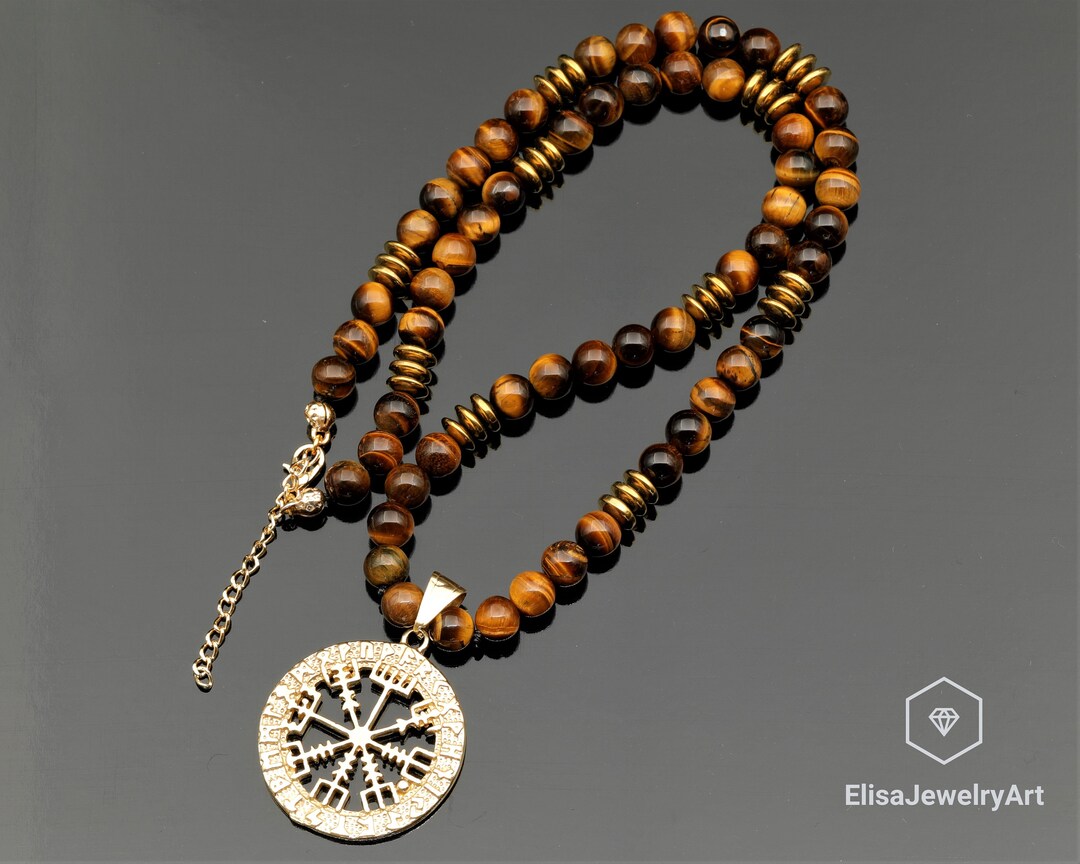 Viking Compass Necklace Natural Tiger Eye Hematite Beaded Birthstone ...