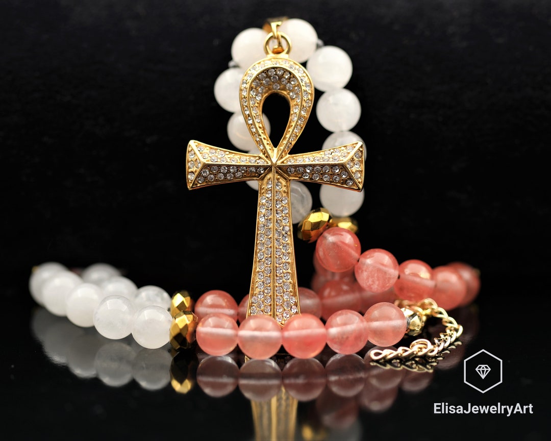 Women's Zirconia Ankh Pendant Natural Rose Quartz Gemstone Emotion ...