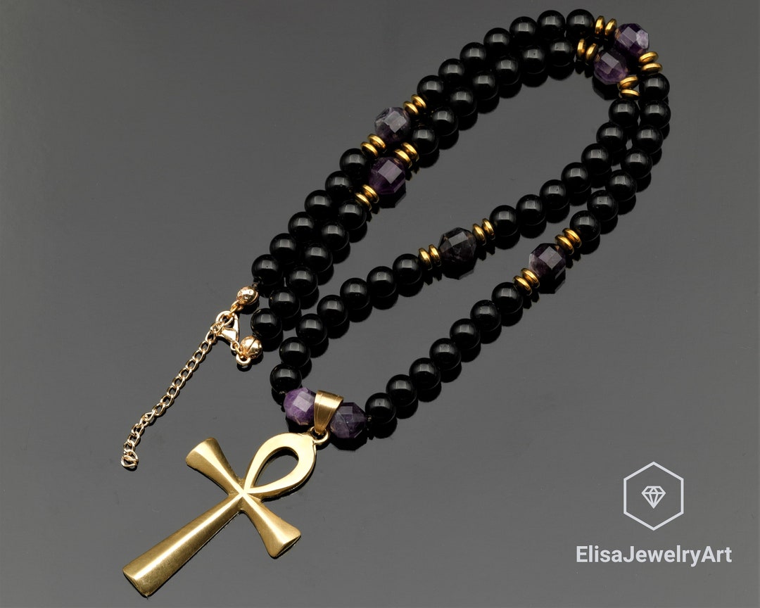 Brass Ankh Cross Necklace Natural Amethyst & Black Onyx Beaded Necklace ...