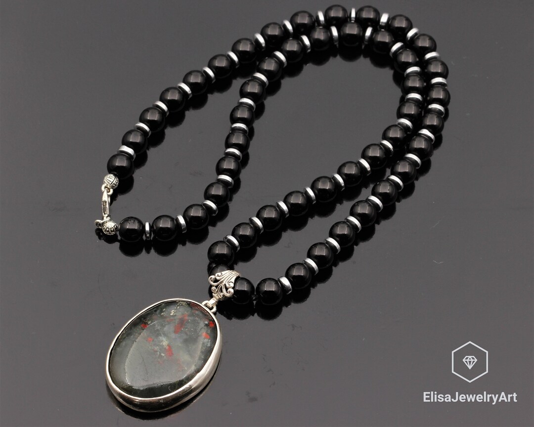 925 Sterling Silver Natural Bloodstone Pendant Necklace ,natural Black ...