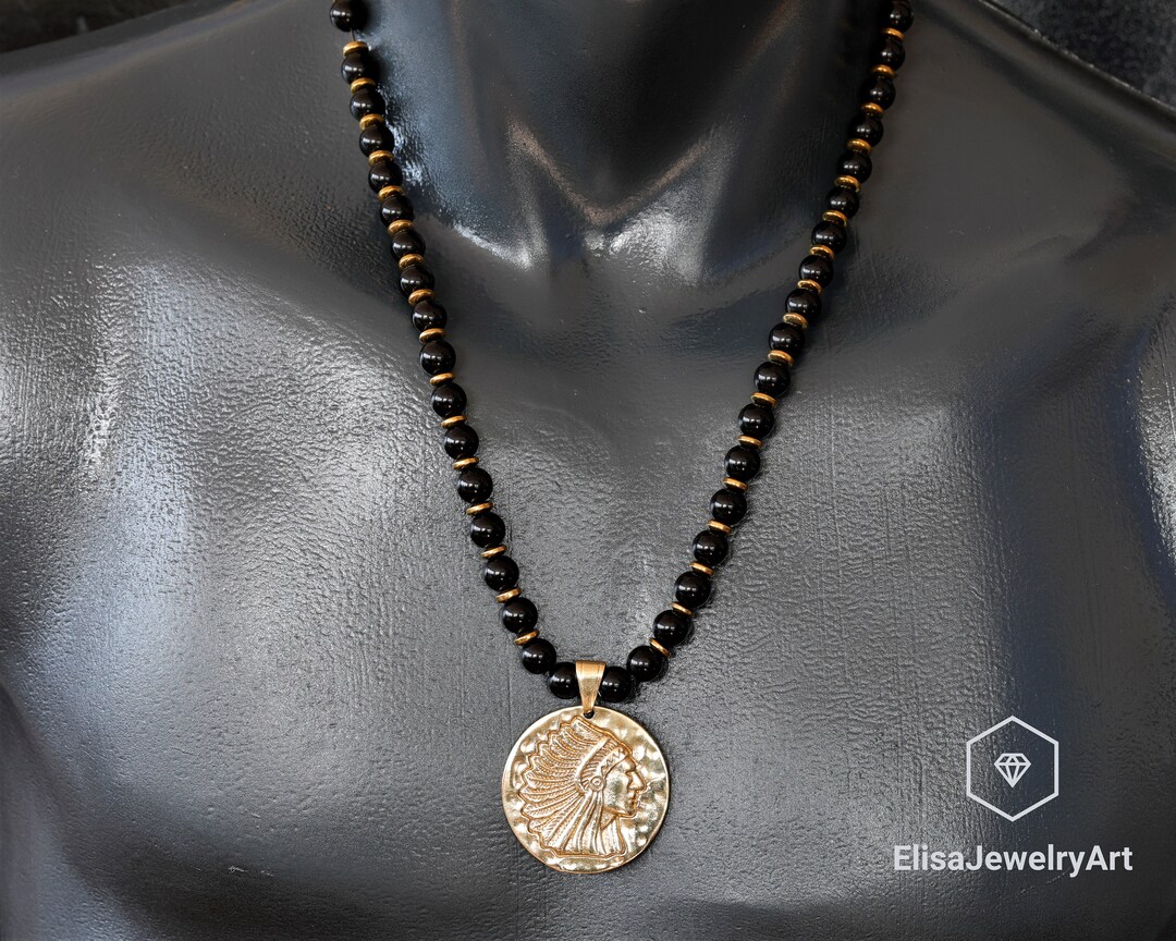 Emotional Balancer Necklace Indian Head Coin Pendant Natural Black Onyx ...