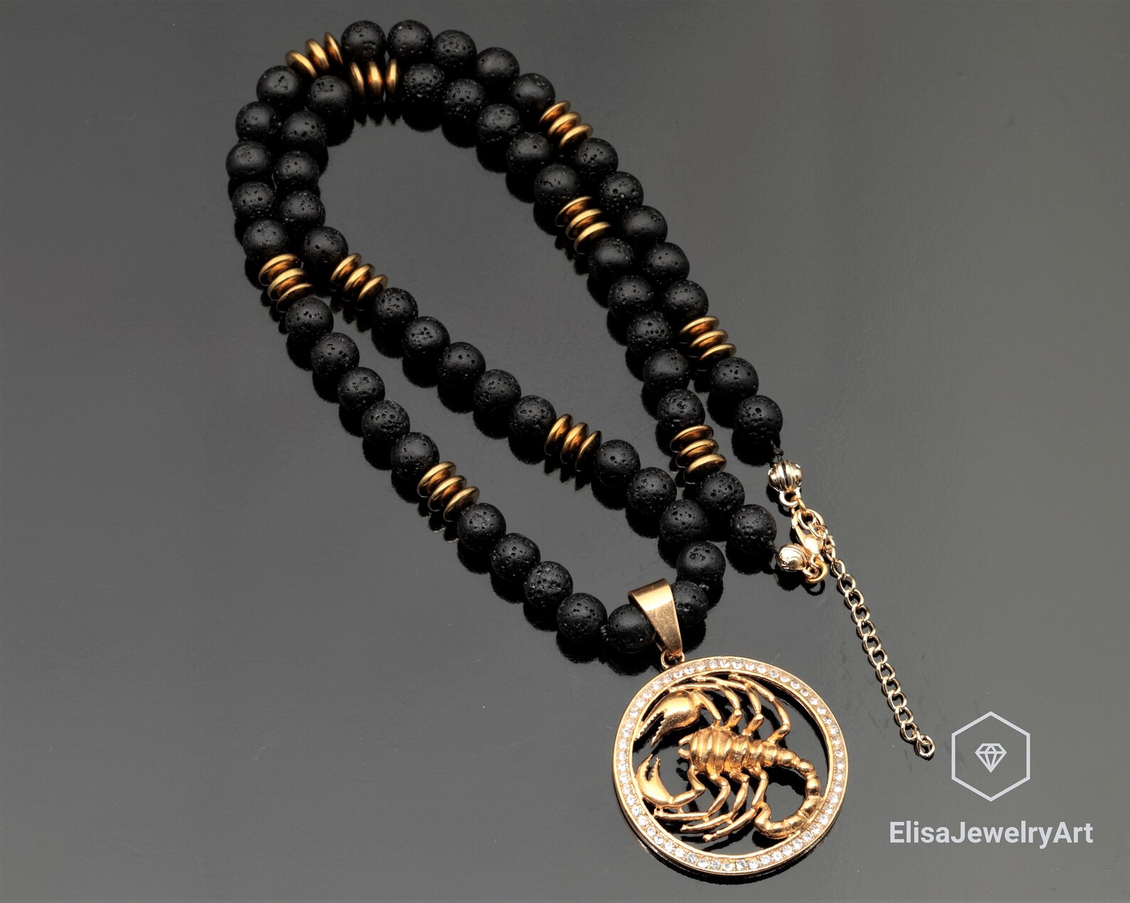 Zirconia Scorpion Necklace Stailess Steel Pendant Black Lava Hematite ...
