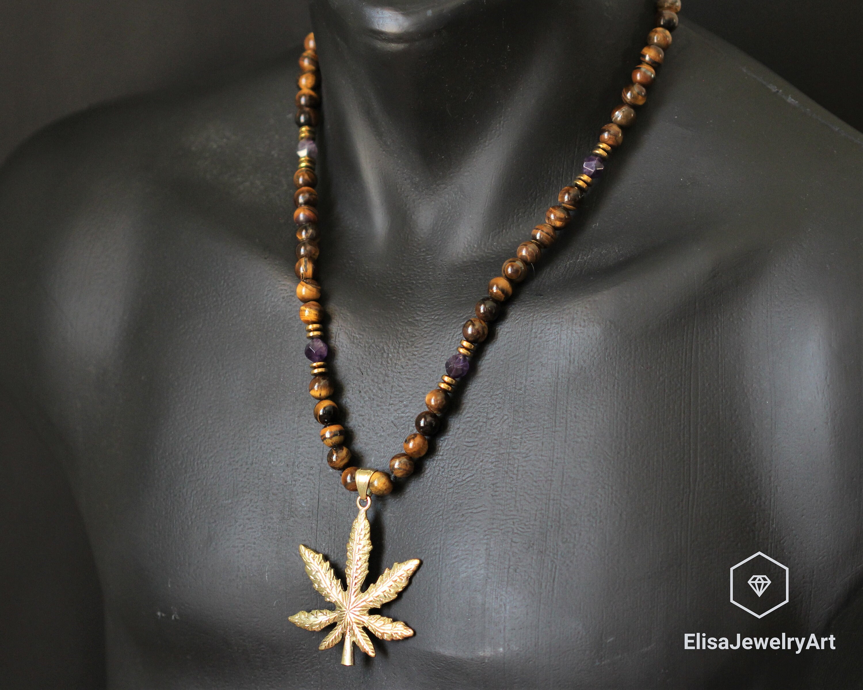 Marijuana Leaf Necklace Natural Tiger Eye Amethyst Beads | Etsy