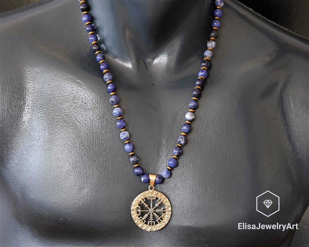 Viking Compass Coin Pendant Necklace Pendant Natural Sodalite Beaded ...
