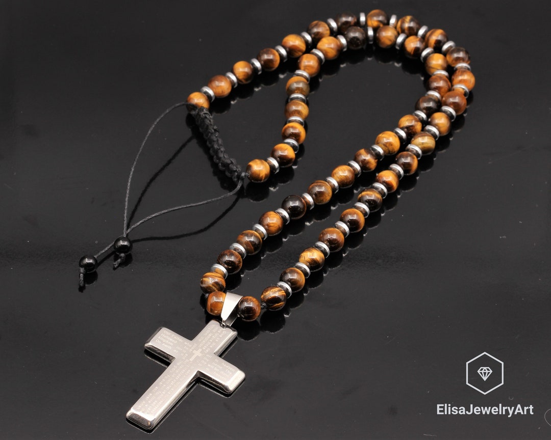 Anti Stress Cross Necklace Men's Natural Tiger Eye Beaded Protection ...