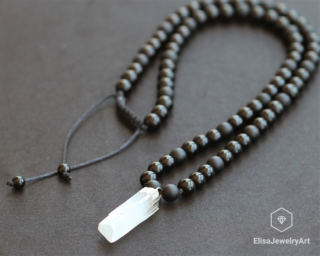Raw Selenite Necklace Black Onyx Macrame Adjustable Protection Beaded ...