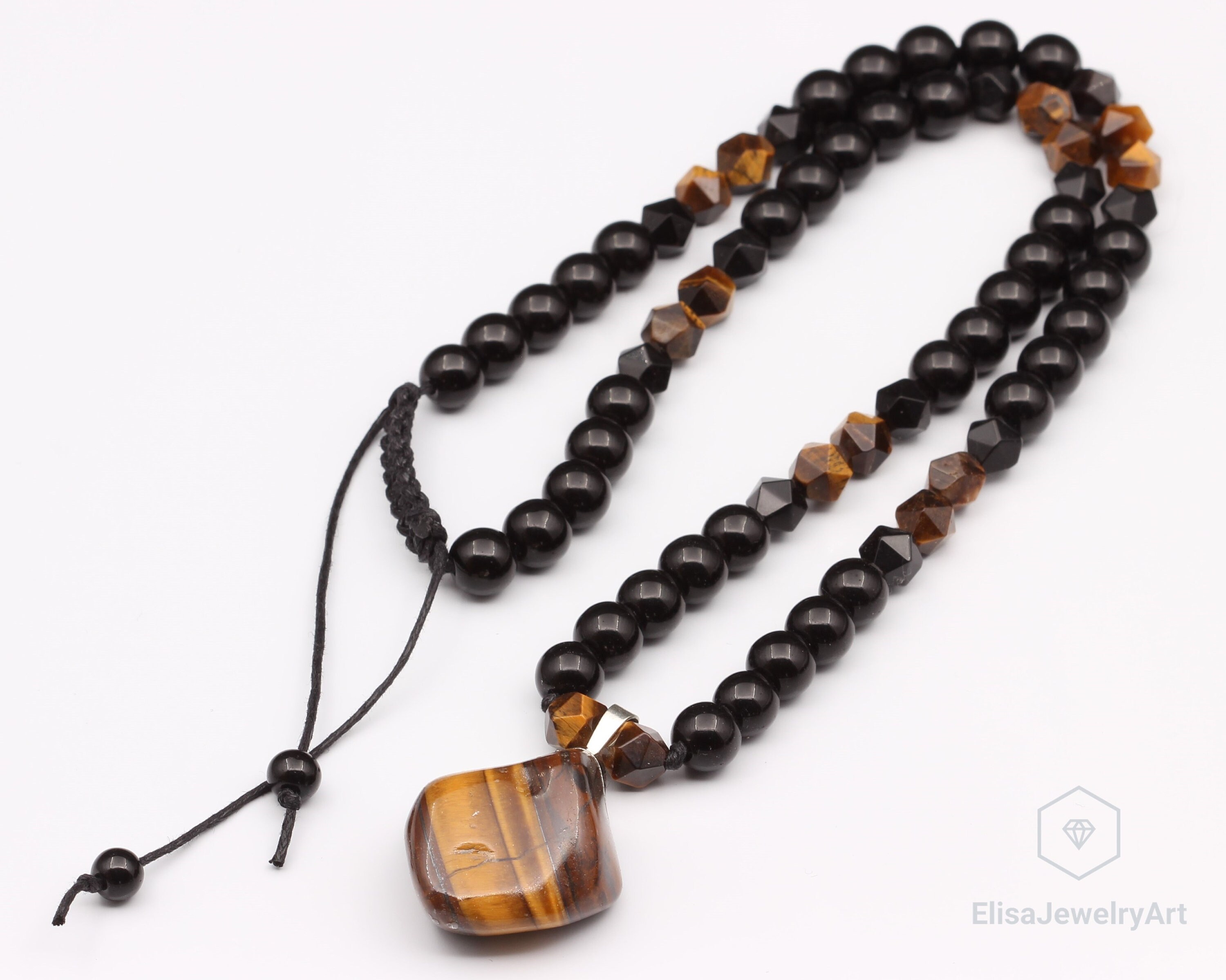 Men's Protection Necklace Big Raw Tiger Eye Pendant Beads | Etsy