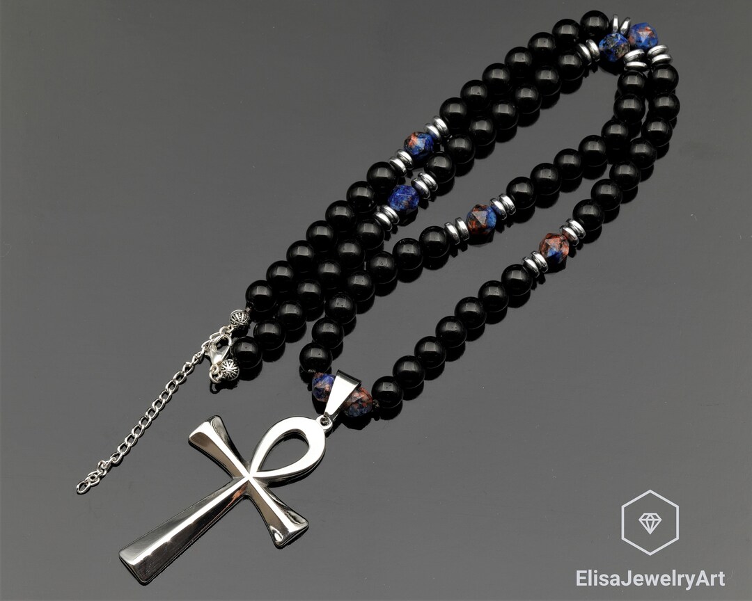 Ankh Cross Necklace Natural Blue Jade & Black Onyx Beaded Necklace ...