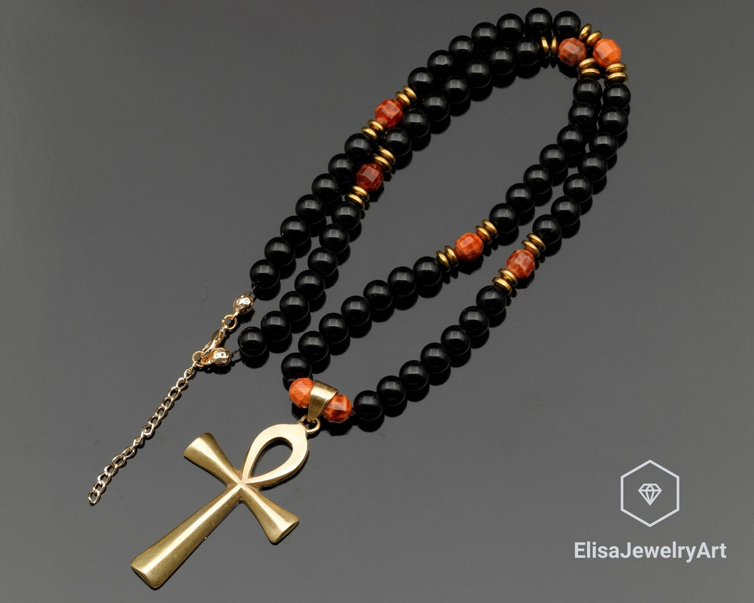 Brass Ankh Cross Necklace Natural Fire Crackle Agate & Black - Etsy
