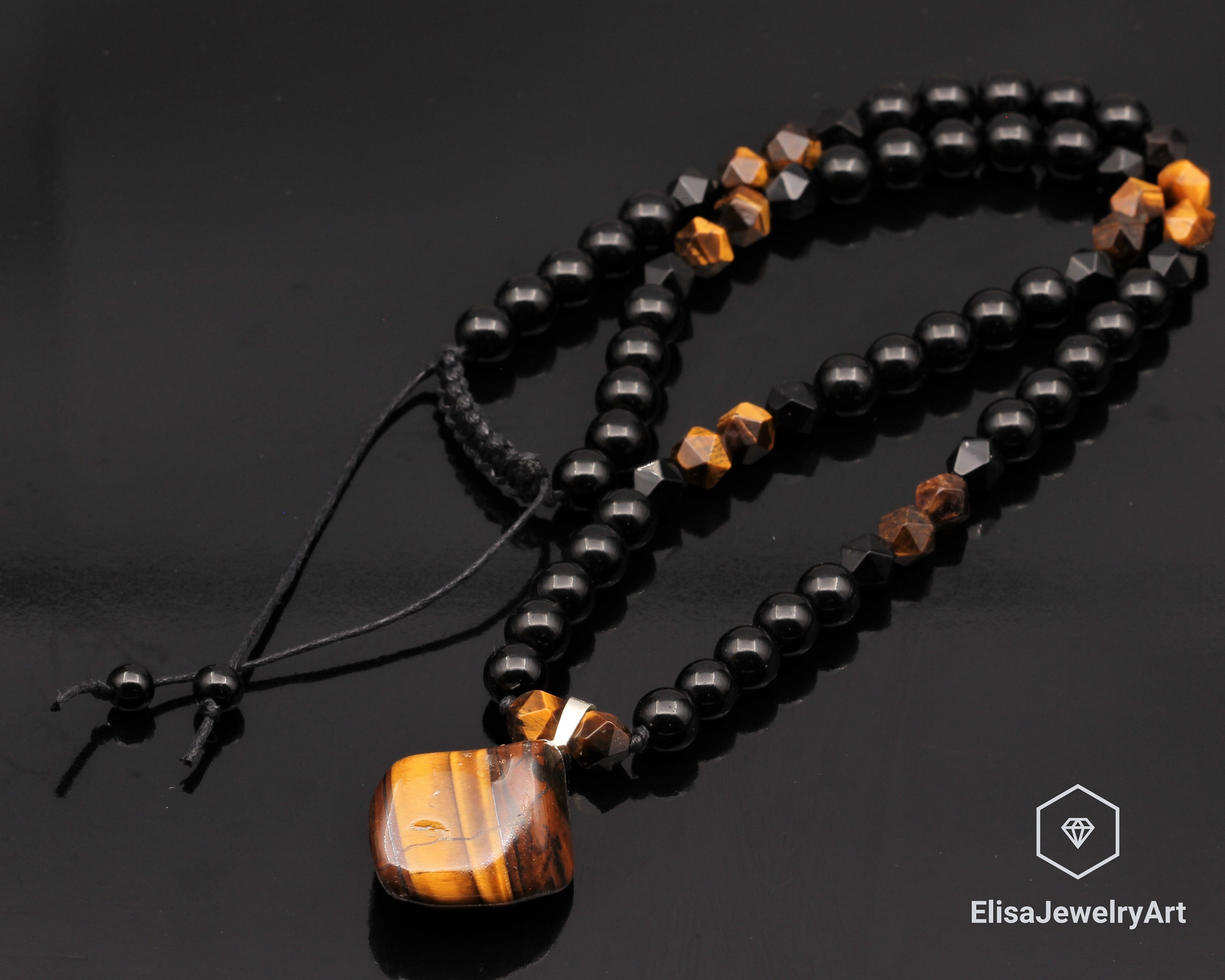 Men's Protection Necklace Big Raw Tiger Eye Pendant Beads | Etsy