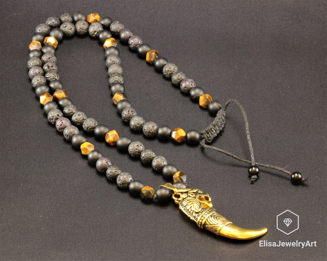 Tiger Tooth Necklace Men's Natural Tiger Eye Beads Necklace Onyx Lava ...