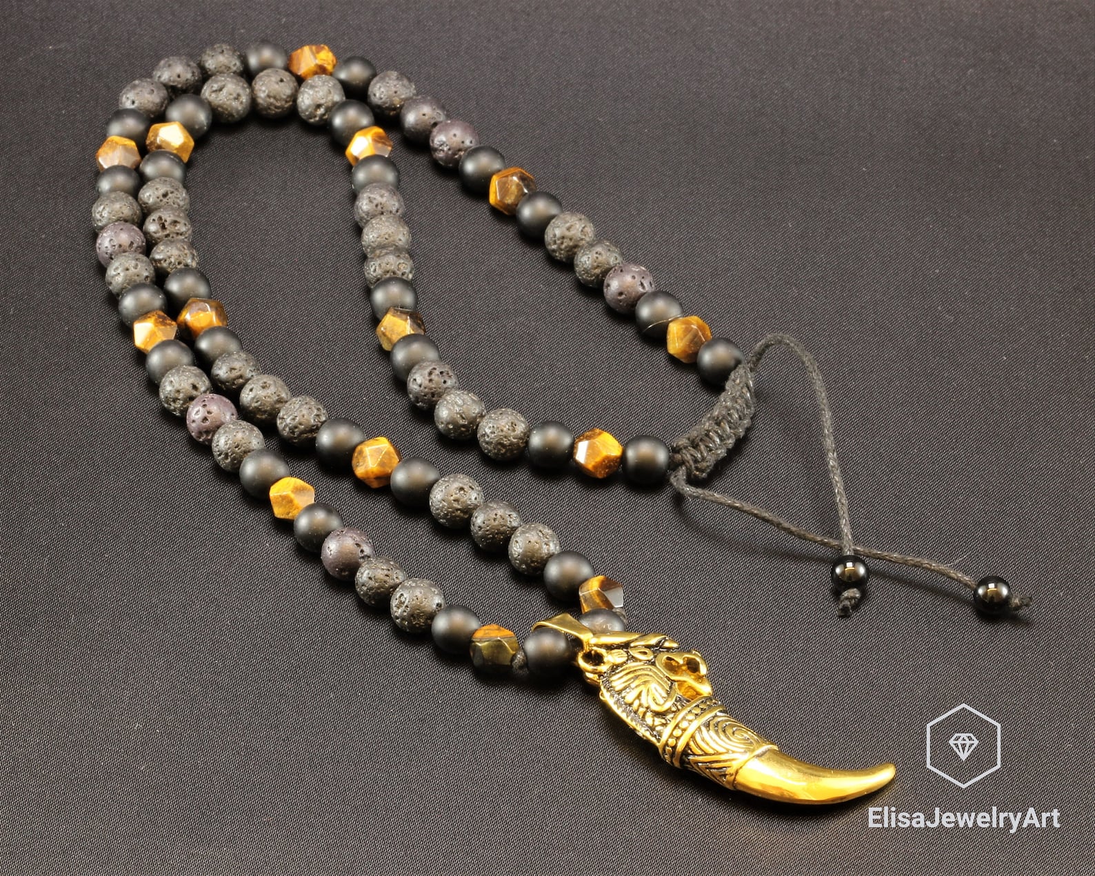 Tiger Tooth Necklace Men's Natural Tiger Eye Beads Necklace Onyx Lava ...