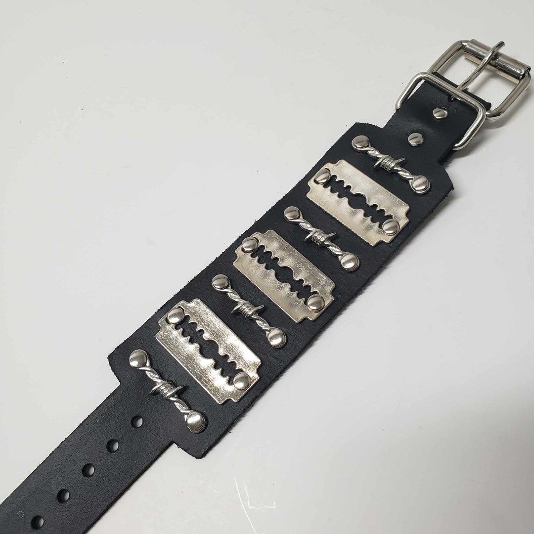 Gothic Punk Biker Real Leather Bracelet With 6 Razor Blade Studs - Etsy