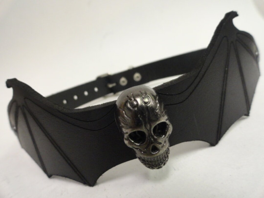 Leather Choker With Laser Cut Bat Wings and Skull Stud.gothic Punk ...
