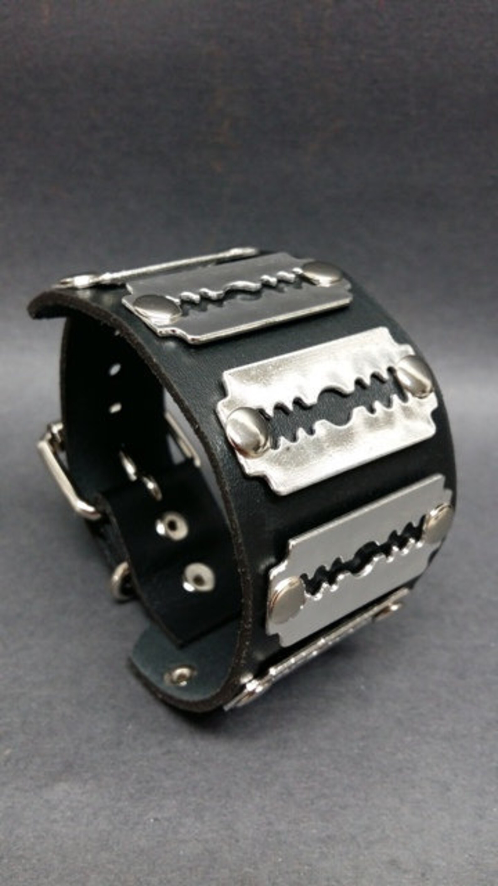 Gothic Punk Biker Real Leather Bracelet With 6 Razor Blade - Etsy