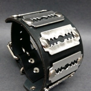 Gothic Punk Biker Real Leather Bracelet With 6 Razor Blade Studs - Etsy