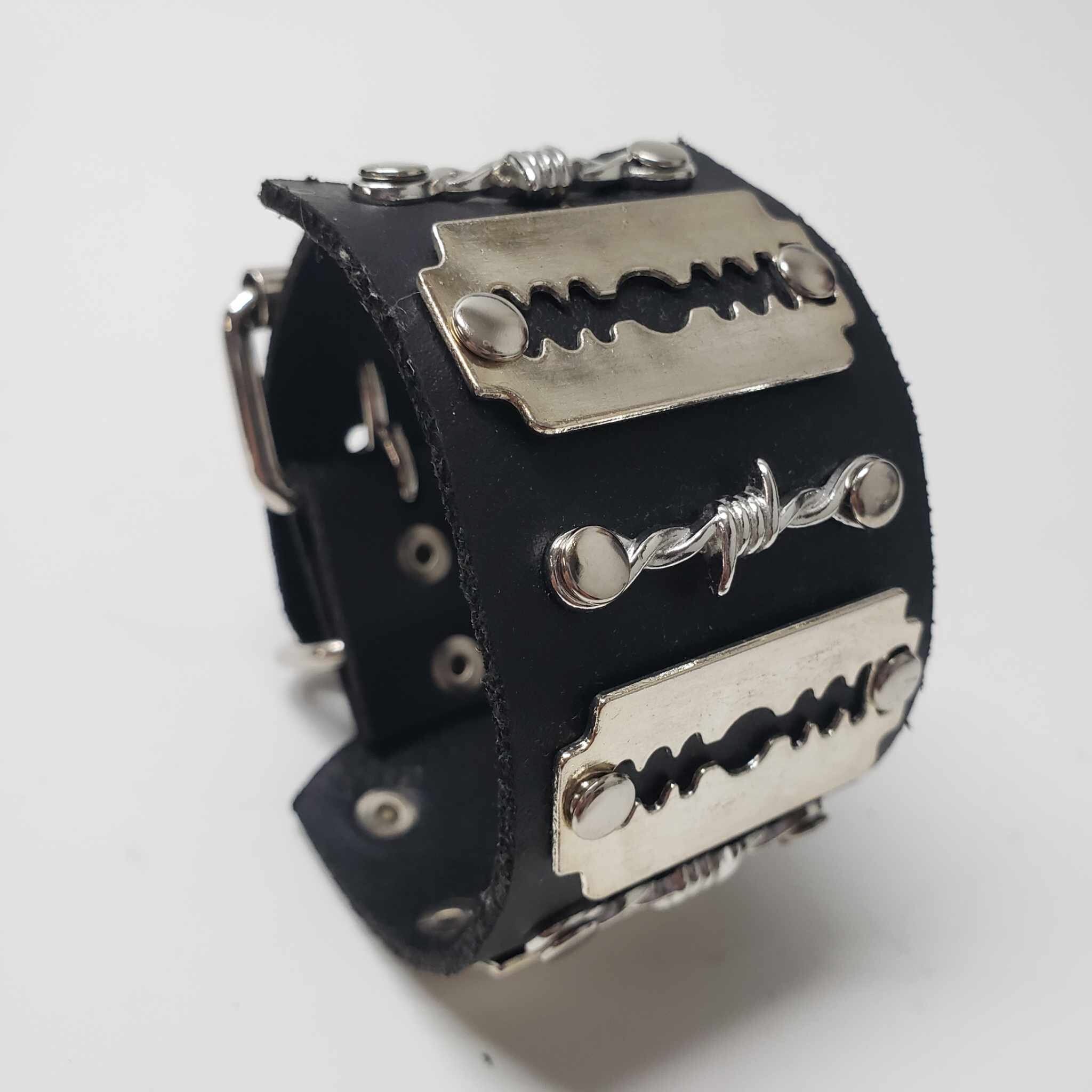Gothic Punk Biker Real Leather Bracelet With 6 Razor Blade Studs - Etsy