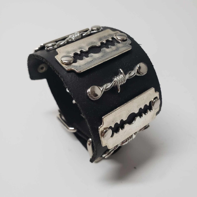 Gothic Punk Biker Real Leather Bracelet With 6 Razor Blade Studs - Etsy