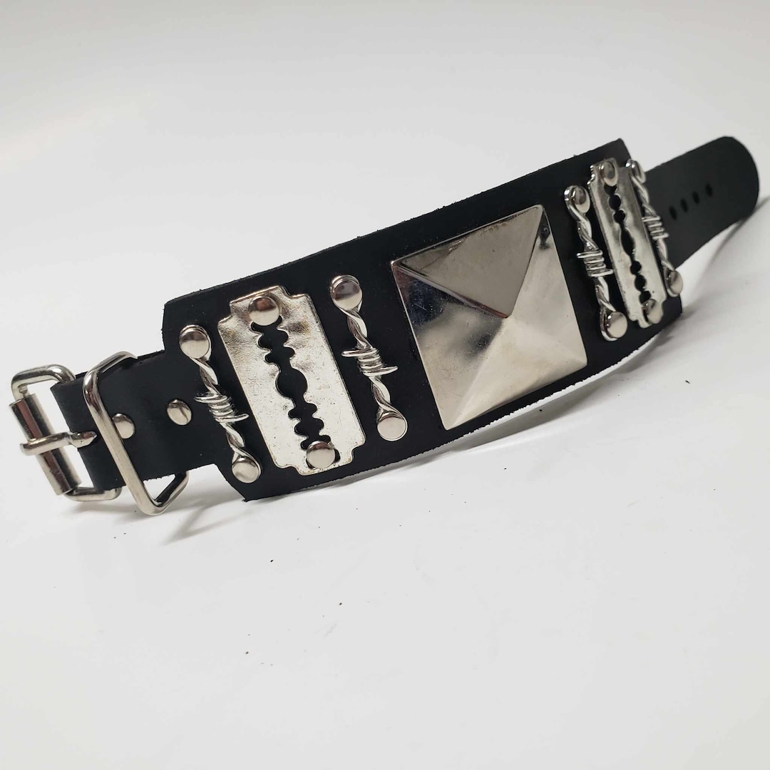 Gothic Punk Biker Real Leather Bracelet With 6 Razor Blade Studs - Etsy