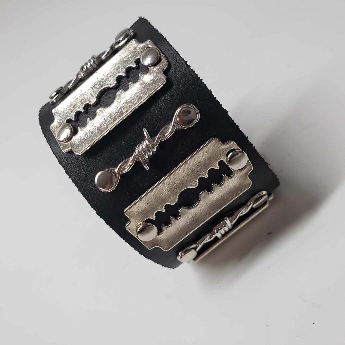 Gothic Punk Biker Real Leather Bracelet With 6 Razor Blade Studs - Etsy
