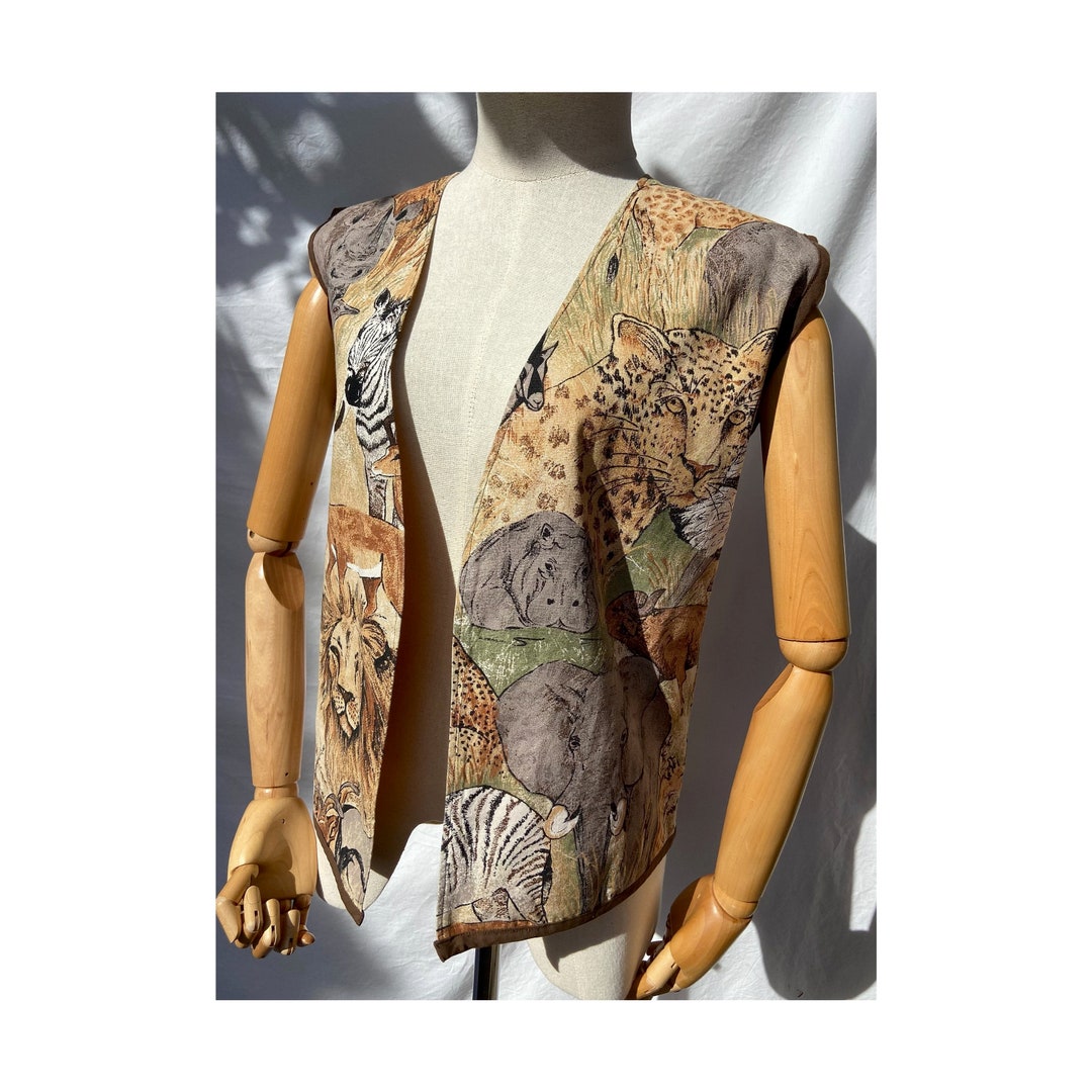 Vintage Cotton Safari Vest With African Animal Pattern S - Etsy