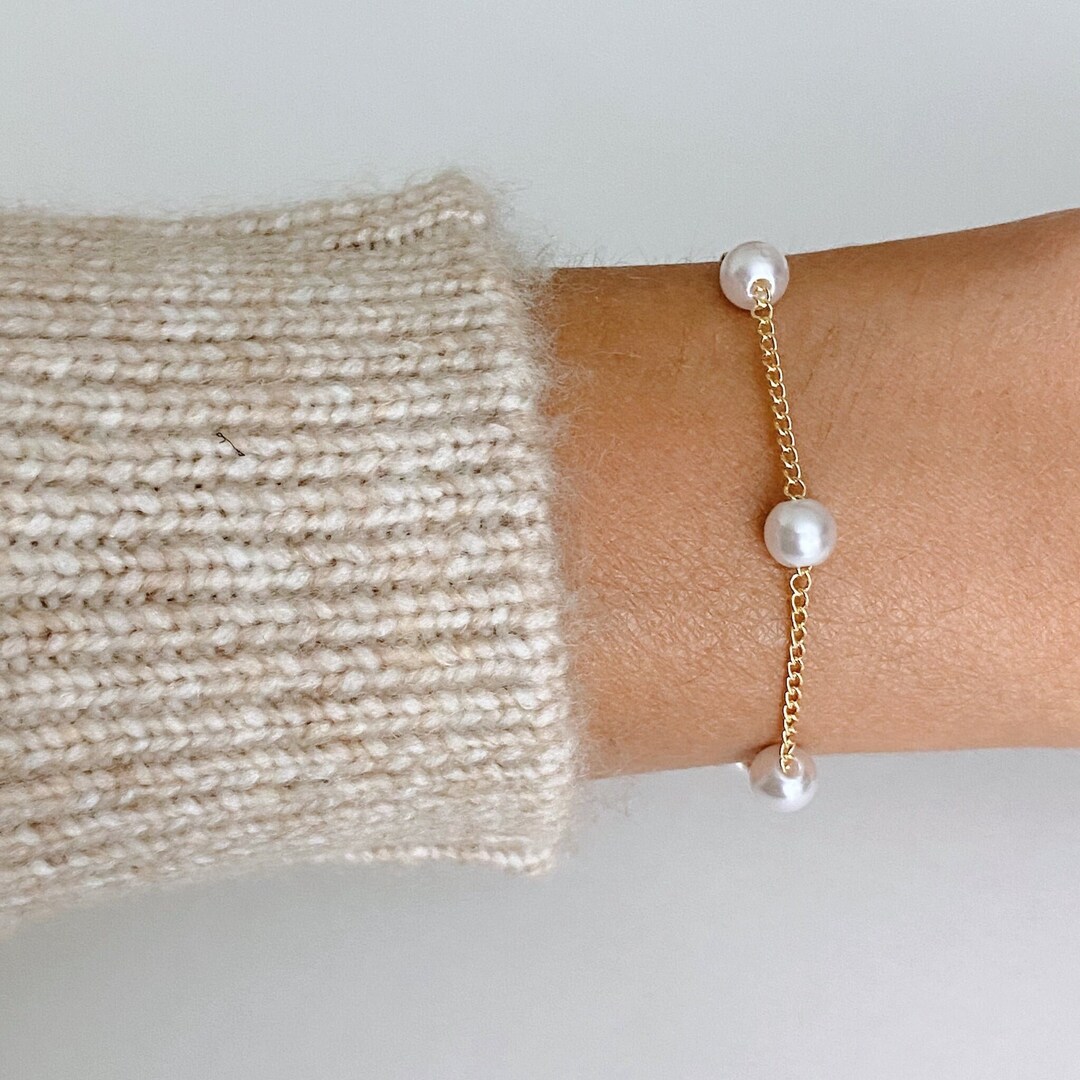 Dainty Pearl Bracelet, Pearl Bracelet Bridesmaid, Pearl Chain Bracelets ...