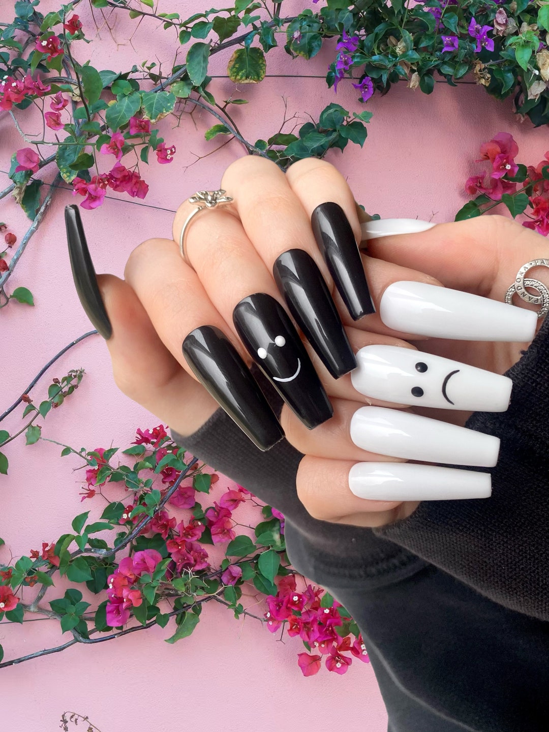 Happy/sad Smiley Face False Nails | Hand-painted Gel Nails | Fake Nails ...