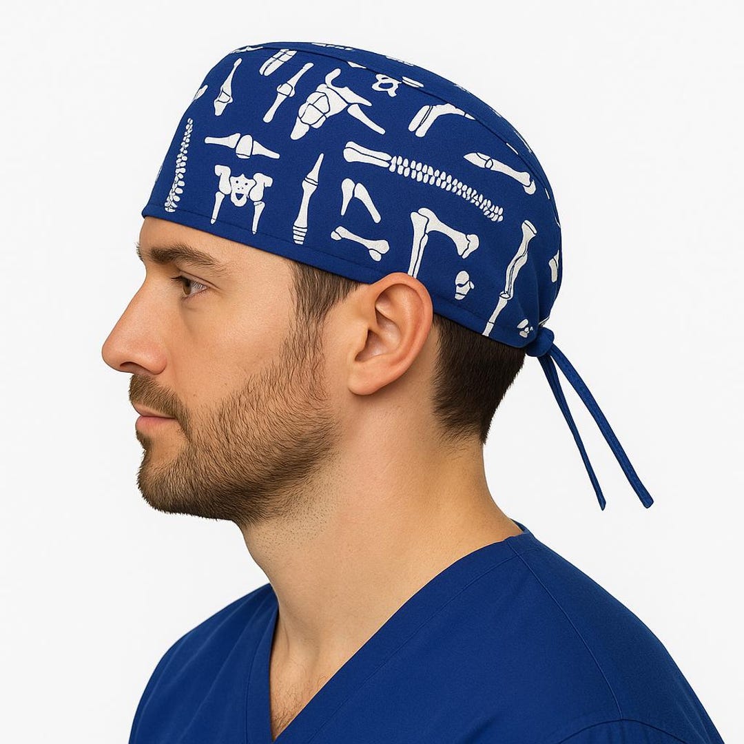 Blue Skeleton Scrub Cap: Ortho, Vet, Dental - Tie Back Cotton Surgical ...