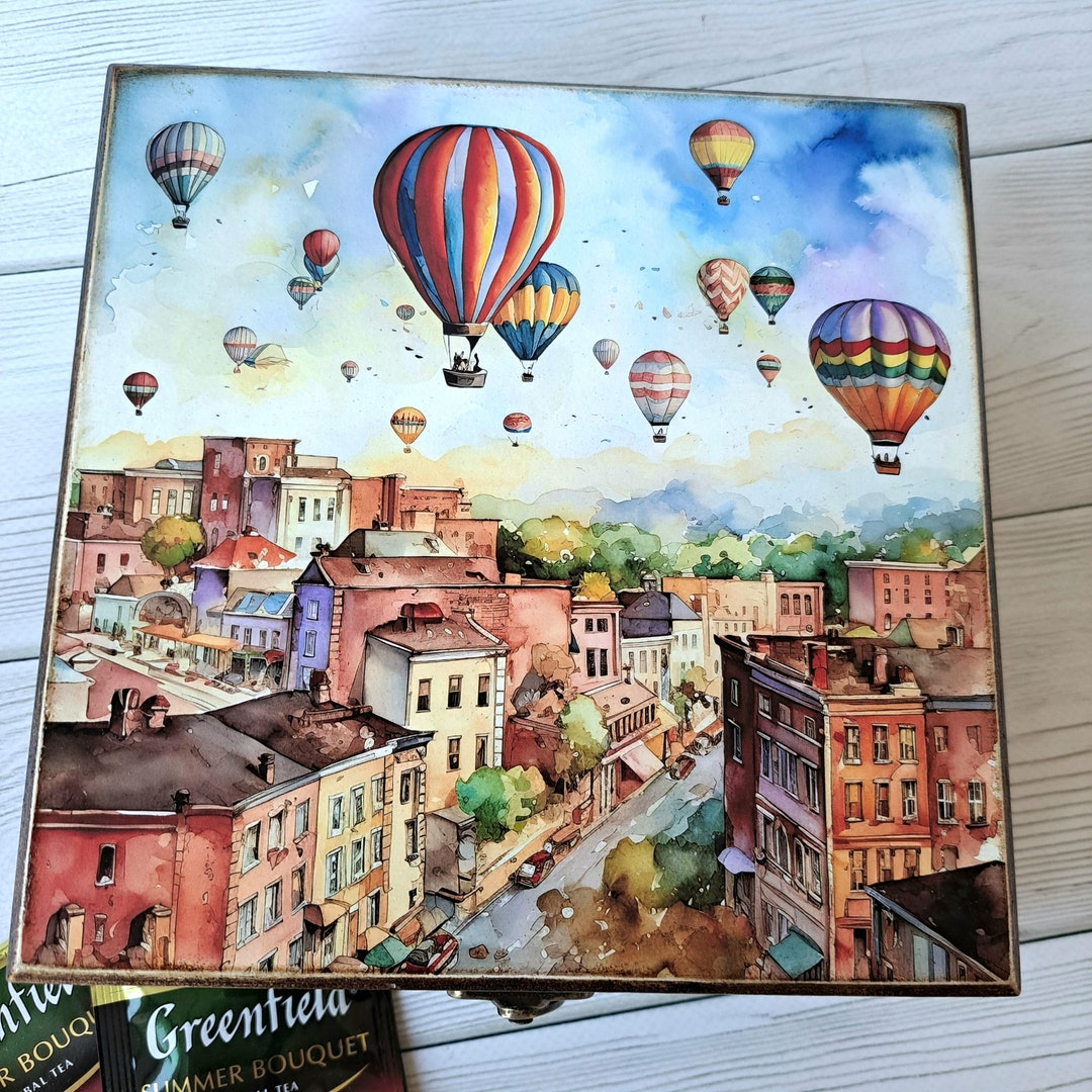 Personalized Wooden Tea Box Hot Air Balloons Tea Storage Tea Bag ...