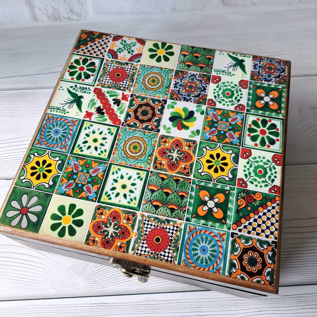Personalized Wooden Tea Box Talavera Tiles Style Green Tea Storage Box ...