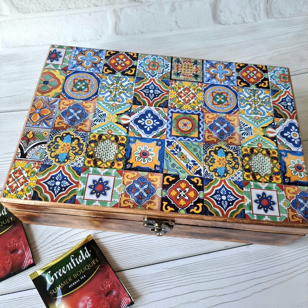 Personalized Talavera Tiles Style Wooden Tea Box Tea Organizer With 6 ...