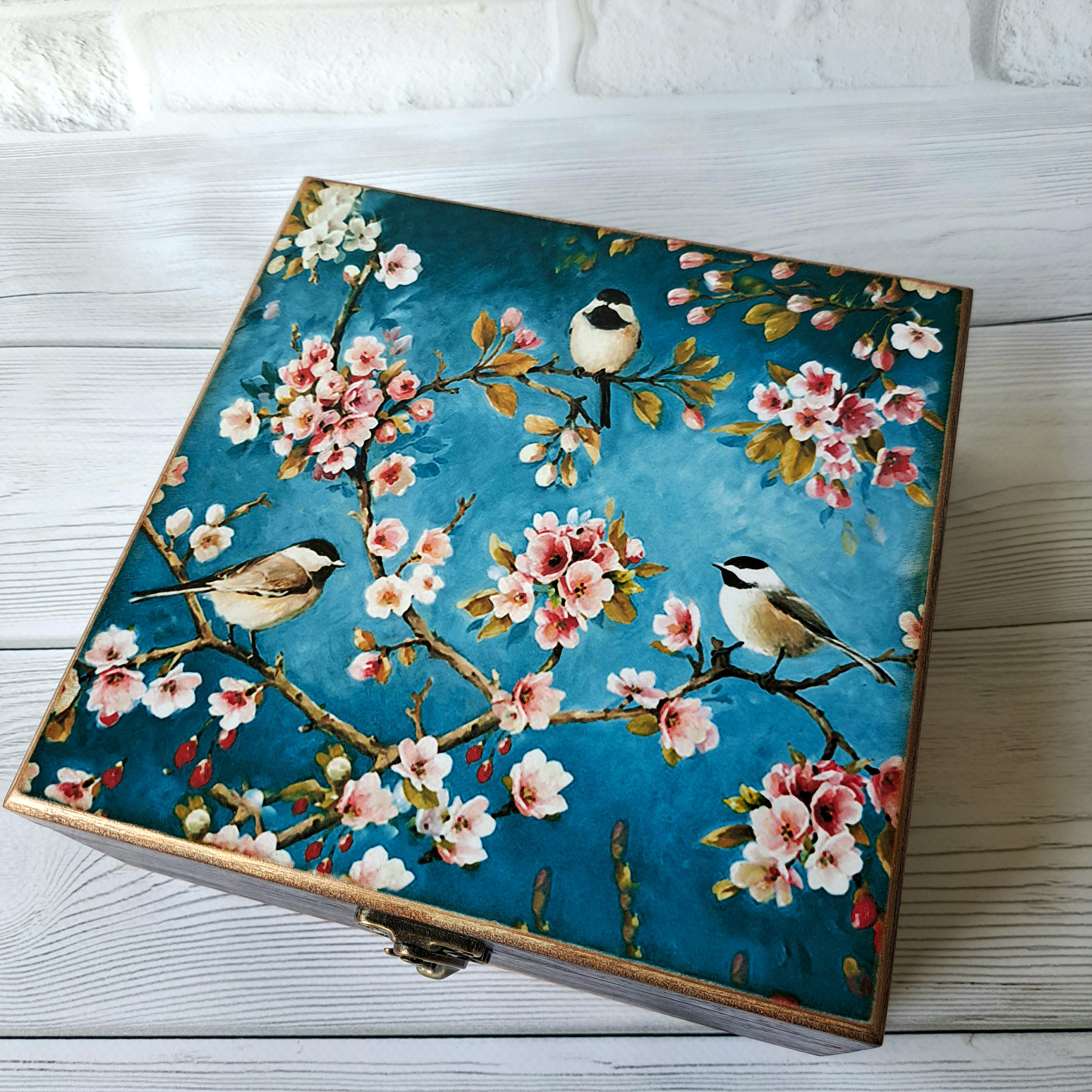Wooden Tea Box Personalized Tea Bag Organizer Blue Chinoiserie Birds ...