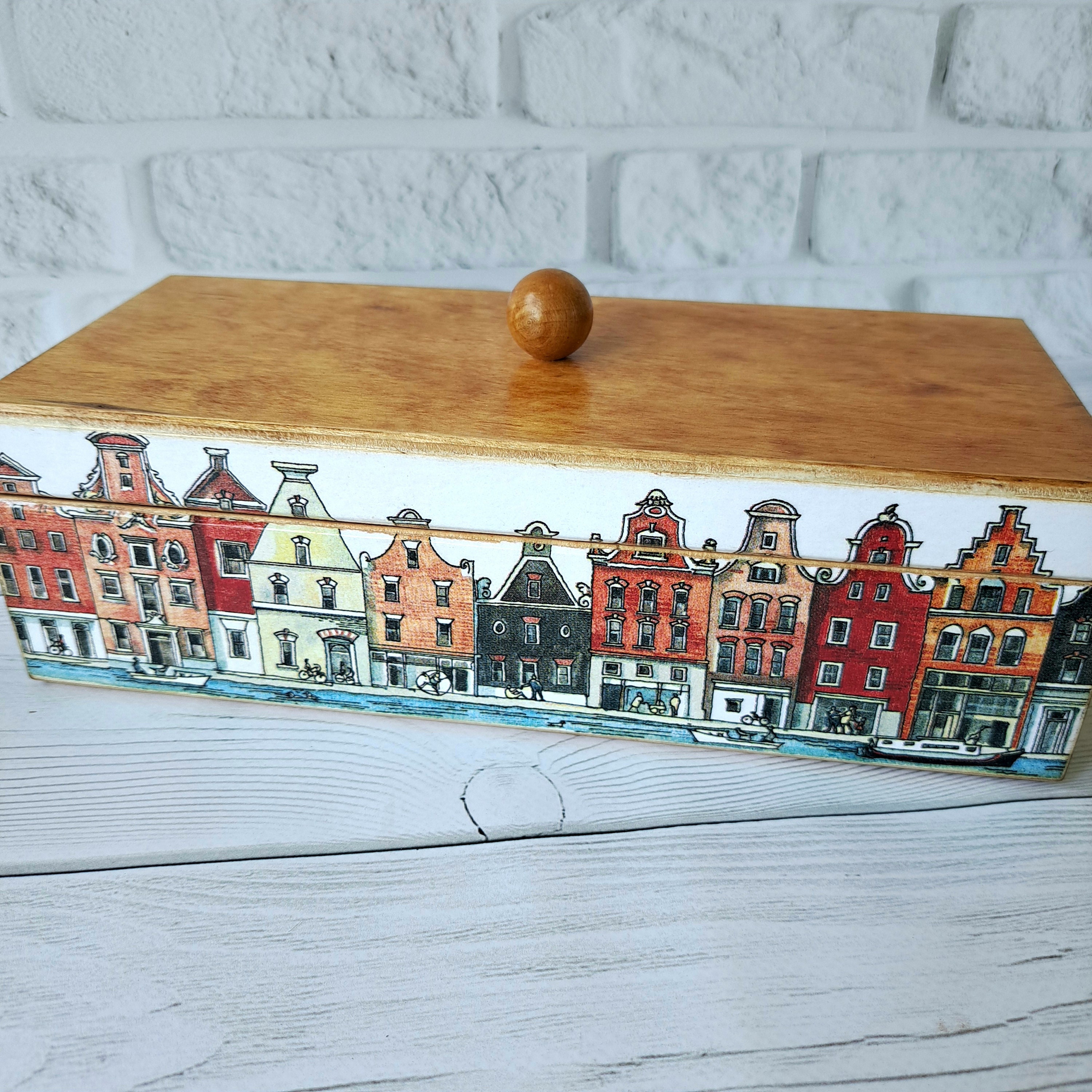 Personalized Wooden Tea Box Amsterdam Houses Tea Storage With Slots Tea ...